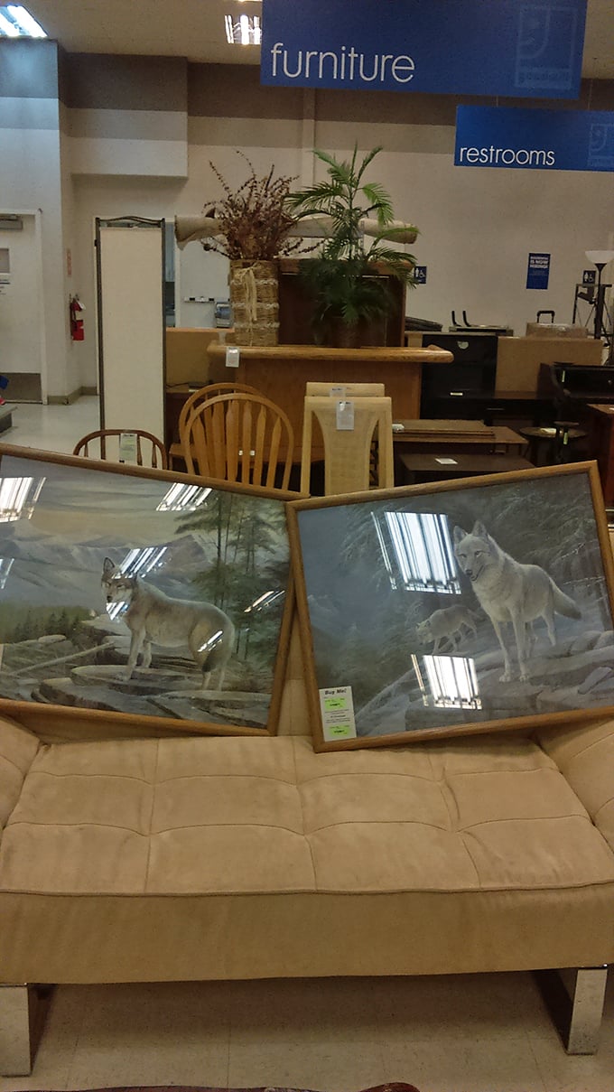 Wolf artwork meets beige furniture in the home d&eacute;cor section. Someone's cabin aesthetic could become your living room conversation starter.