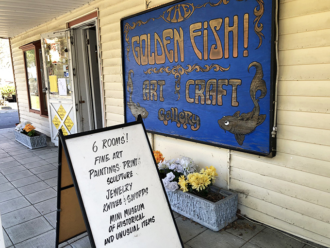 The Golden Fish Art Gallery doesn't just display art&mdash;it celebrates it with the kind of exuberant signage that makes you smile before you even step inside.