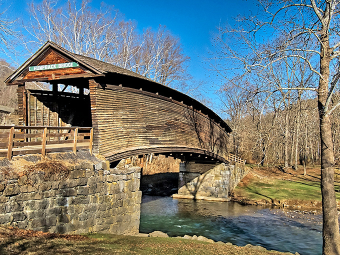 Humpback Bridge stands as Virginia's oldest covered bridge, arching gracefully over rushing waters like something from a Robert Frost poem come to life.