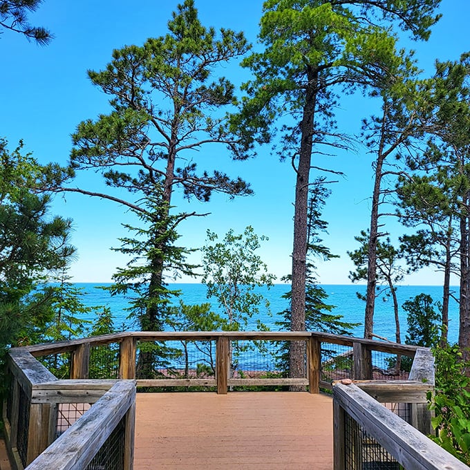 This wooden deck offers front-row seats to Lake Superior's moods &ndash; today serene blue, tomorrow dramatically tempestuous.