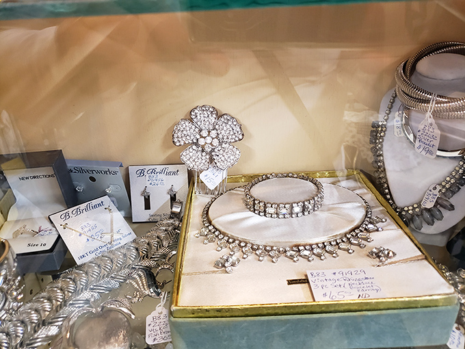 Rhinestones that have seen more glamorous evenings than most of us ever will. Vintage sparkle waiting for its second act.