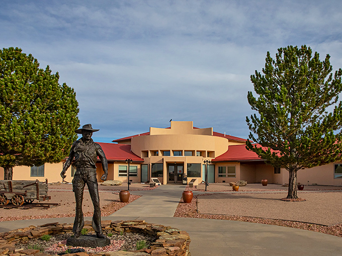 The NRA Whittington Center welcomes visitors with Western charm and reasonable rates. That statue isn't pointing at expensive attractions&mdash;there aren't any!