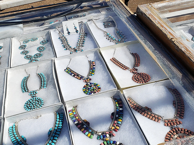 Statement necklaces nestle in gift boxes, ready to transform any outfit into a Southwestern showstopper.