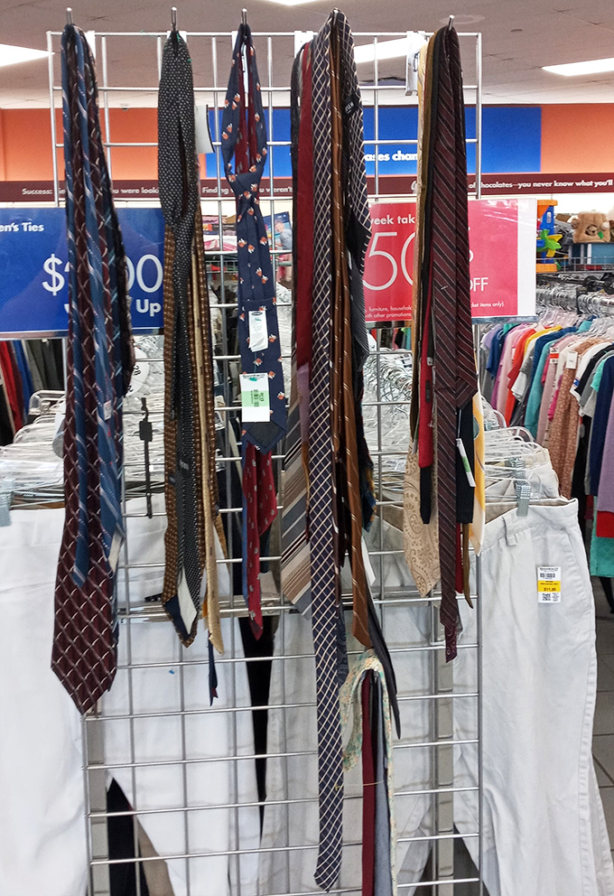 The necktie rack—where corporate America's cast-offs become your next power move at a fraction of department store prices.