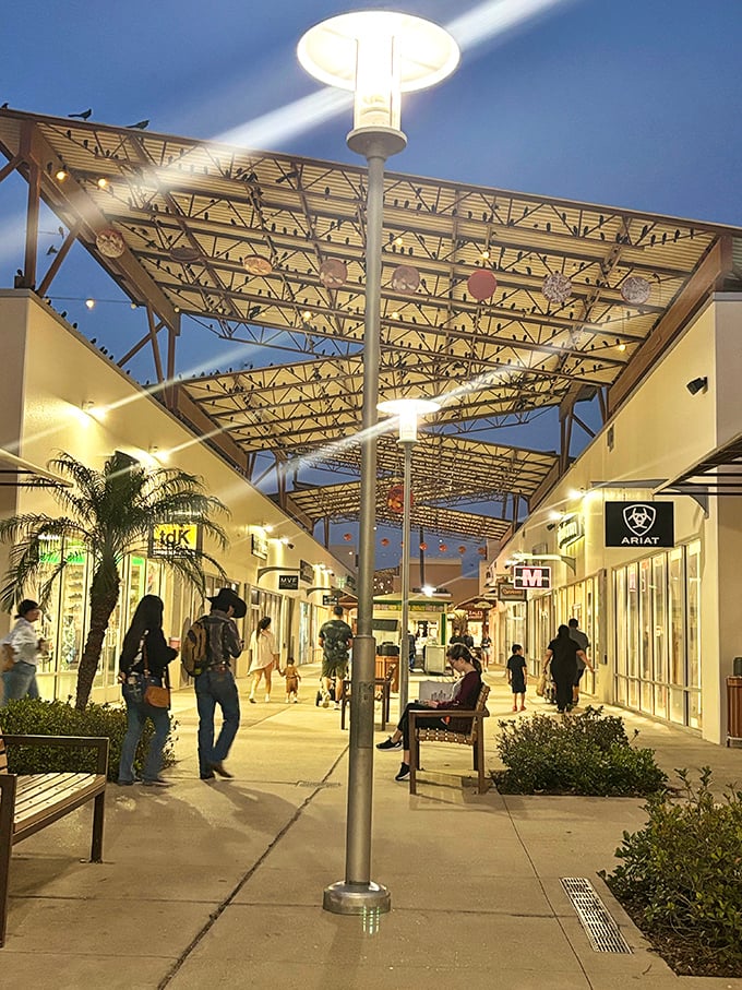 As evening falls, the outlet's Spanish-influenced architecture takes on a magical glow. Shopping after sunset adds an extra layer of enchantment.
