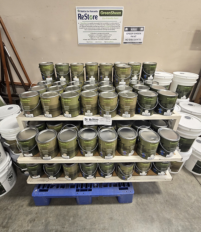 GreenSheen eco-friendly paint stands in military-like formation, ready to transform your walls without transforming the planet. Color revolution headquarters!