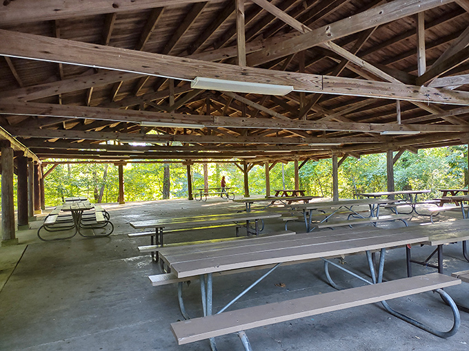 This spacious pavilion isn't just shelter from sun or rain &ndash; it's an outdoor banquet hall where picnic tables await your family feast.