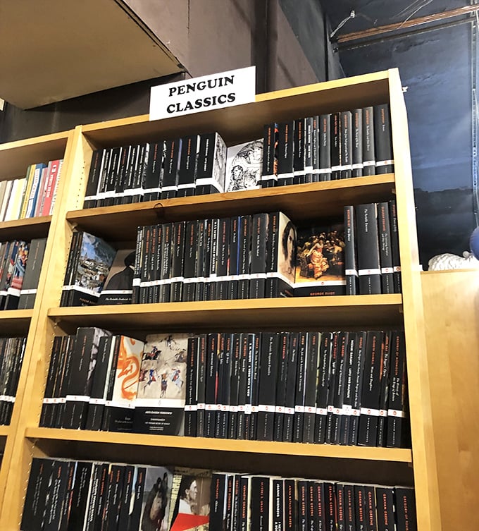 Penguin Classics stand in formation like literary soldiers, their uniform black spines housing revolutions, romances, and revelations from centuries past.