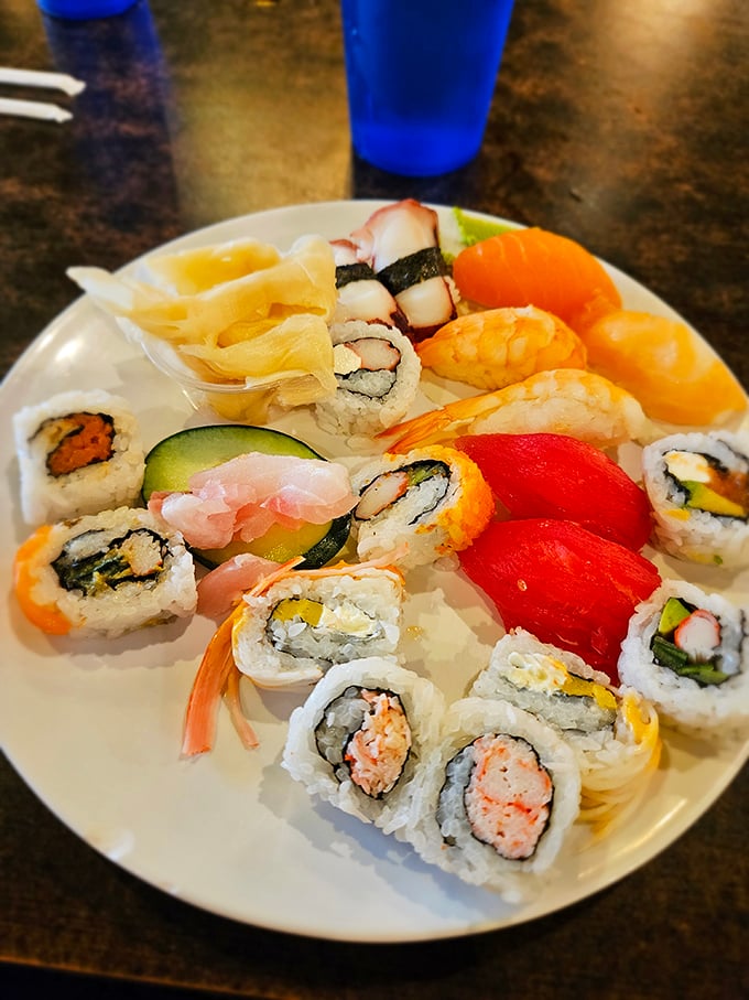 Sushi that defies the "buffet sushi" stereotype &ndash; vibrant, fresh, and artfully arranged. Who needs ocean proximity when you have skilled hands?