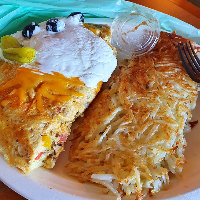 An omelet crowned with sour cream, paired with hash browns so perfectly crisp they deserve their own fan club. Breakfast architecture at its finest.