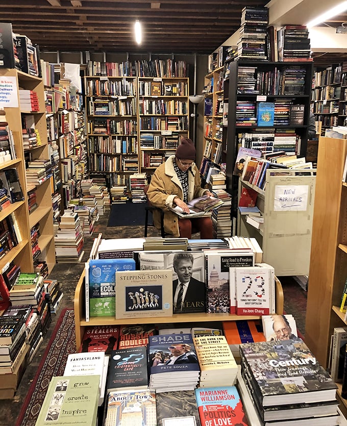 Books stacked floor-to-ceiling create that perfect bibliophile's dream – where finding what you came for means discovering three books you didn't know you needed.