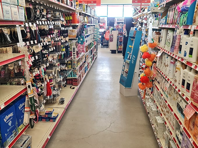 Beauty products and household essentials line this aisle like a mirage of civilization, proving you don't need to drive to Vegas for self-care.