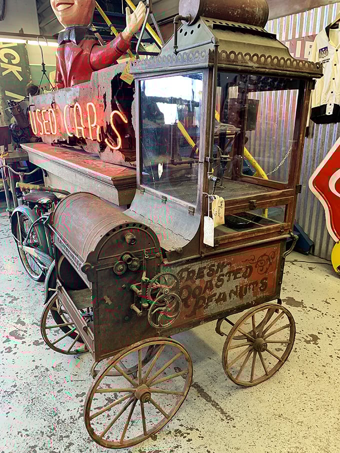This antique peanut cart once rolled through American streets, the neon "FRESH HOT" sign beckoning to passersby with simple, irresistible pleasures.