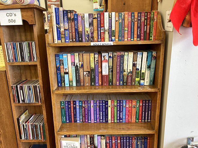 Literary treasures line wooden shelves, where paperback adventures and hardcover classics wait patiently for their next reader.