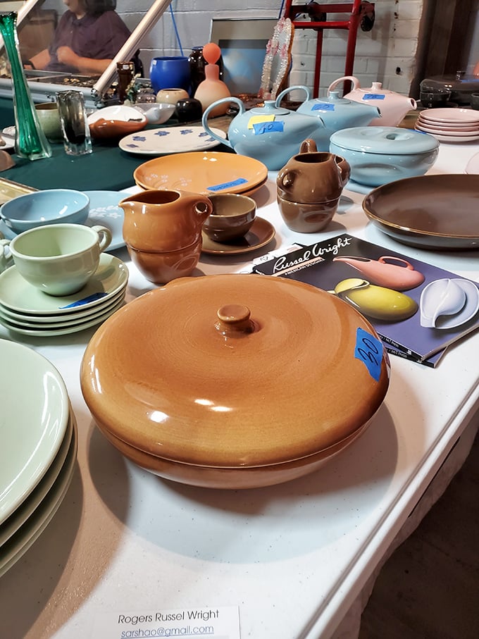 Russel Wright ceramics in their natural habitat&mdash;pastel pottery paradise where your grandmother's favorite dishes find new admirers.