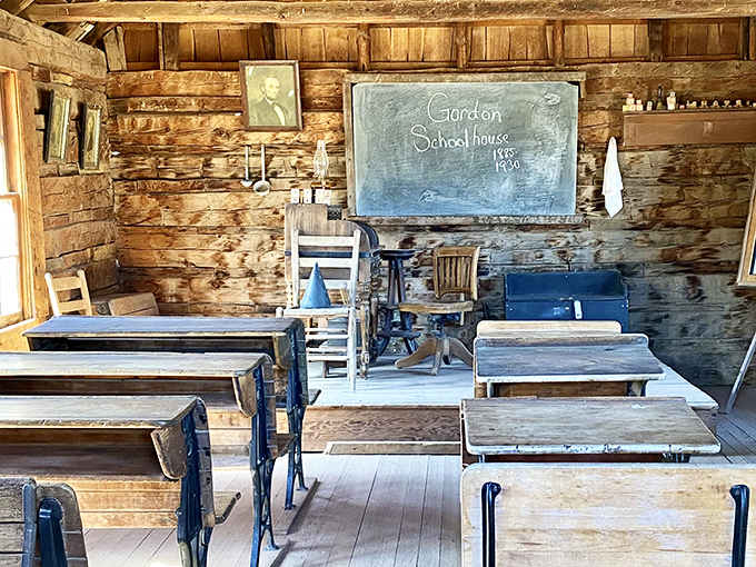 Classroom discipline hits different when you see these wooden desks. Suddenly, detention doesn't seem so bad compared to writing lines on that chalkboard.