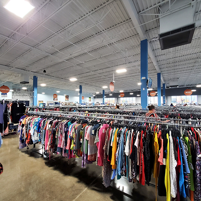 A rainbow of possibilities stretches across the women's section, where yesterday's fashion finds new life at fraction-of-retail prices.