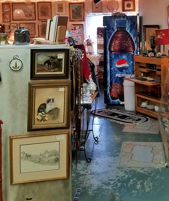 Art meets advertising in this eclectic corner where a vintage Pepsi sign towers over framed nostalgia. Even the cat portrait seems to say, "They don't make 'em like they used to."