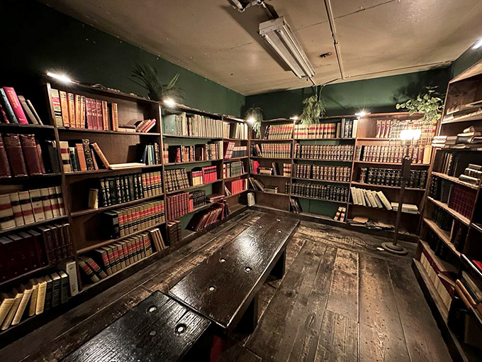 Dark wood, leather-bound classics, and that unmistakable old book smell. This reading nook feels like a secret society's headquarters.