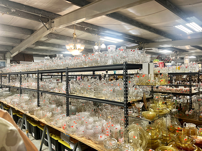 Crystal clear evidence that our grandparents knew how to entertain with style. One shelf holds enough glassware to host the royal family for dinner.