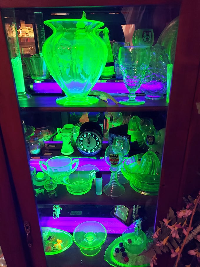 Under ultraviolet light, uranium glass glows an otherworldly green, transforming ordinary vessels into artifacts from some alien civilization.