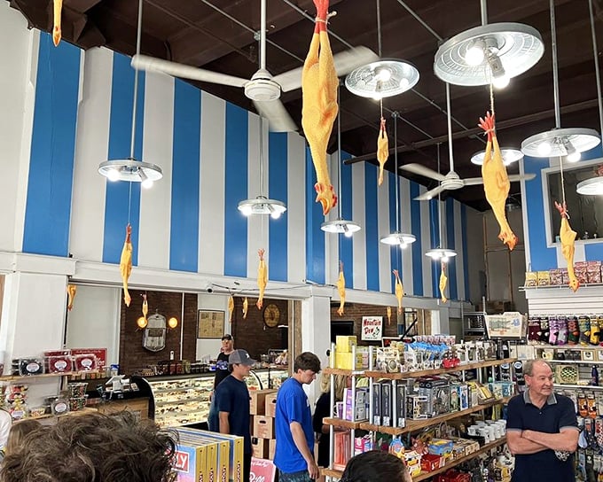 Rubber chickens hanging from the ceiling? Of course! At Grandpa Joe's, the whimsy starts above your head and continues all the way to the floor.