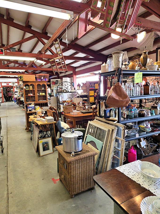The organized chaos of antiquing heaven. Every aisle promises discoveries that HGTV designers would drive hours to find.