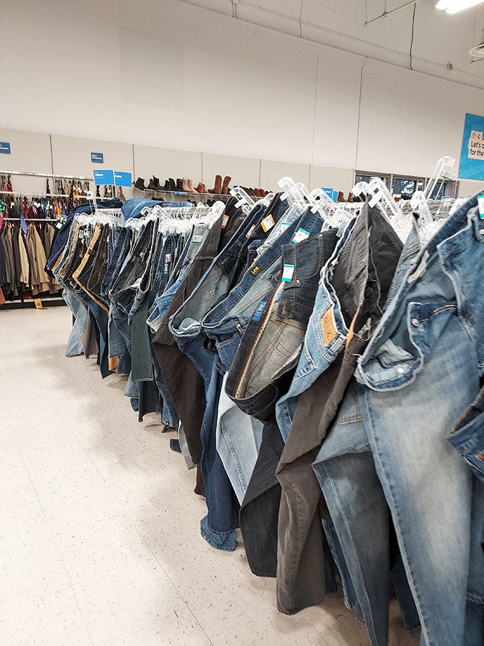 Denim heaven awaits in the men's section, where jeans of every wash and vintage hang like an indigo waterfall. Dad jeans and hipster finds coexist peacefully.