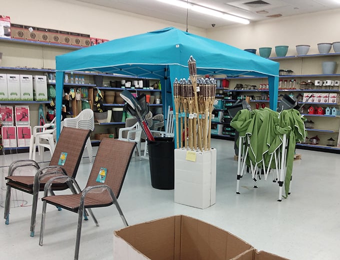 Summer dreams take shape in the seasonal section, where patio furniture and tiki torches promise backyard escapes without the vacation-sized expense.