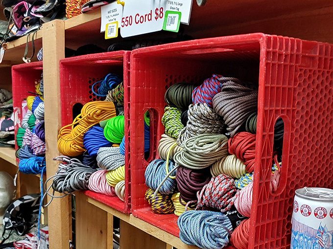 A rainbow of possibilities hanging in perfect disorder. Each colorful cord represents a project waiting to happen or a problem solved.