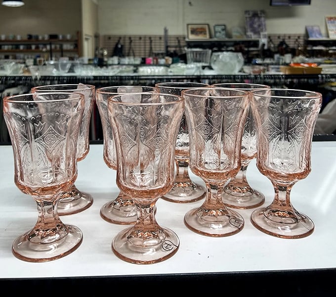 Depression glass goblets in that perfect shade of blush. Imagine serving sangria in these beauties at your next gathering—instant conversation starters!