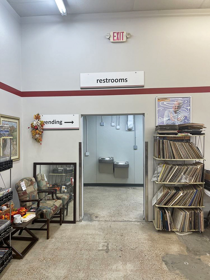 Even the restroom area has character, with vinyl records standing guard like sentinels of musical history past.