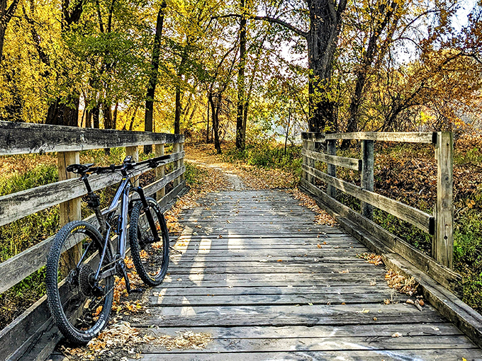 Autumn's palette explodes along this wooden bridge, where a lone bicycle waits patiently for its owner to return from communing with nature.