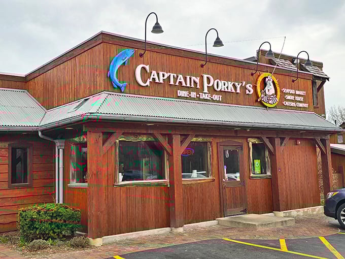 Captain Porky's rustic wooden exterior feels like a coastal seafood shack that somehow drifted inland to Wadsworth. Maritime magic awaits!