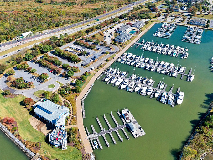 Stevensville's marina showcases Maryland boating life at its finest &ndash; a perfect symphony of vessels, water, and autumn-kissed landscapes.