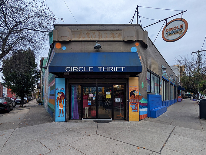 Circle Thrift's vibrant corner location brings a splash of color to Philadelphia's urban landscape, much like the eclectic treasures waiting inside.