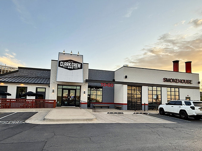 Clark Crew BBQ's modern storefront brings contemporary style to traditional techniques. That "Smokehouse" sign isn't kidding around!