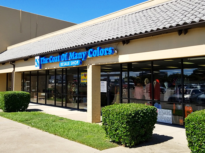 "The Coat of Many Colors" brings biblical inspiration to thrifting. This bright blue sign promises salvation for your empty rooms.