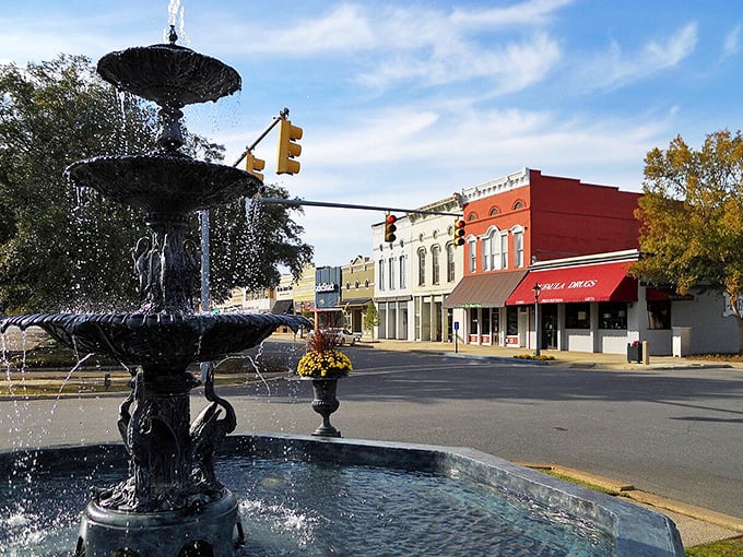 A classic town square fountain adds peaceful ambiance to Eufaula's historic downtown. Water music accompanies your morning coffee ritual.