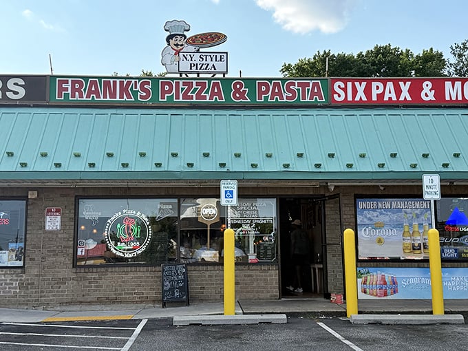 The chef on the sign has been pointing the way to pizza happiness for decades. Frank's green awning shelters serious NY-style magic.