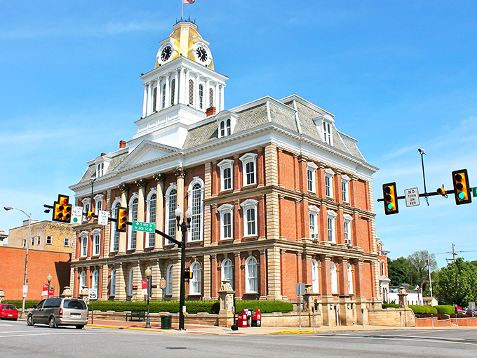 The historic courthouse in Indiana, Pennsylvania stands proudly with its striking clock tower and red brick facade.
