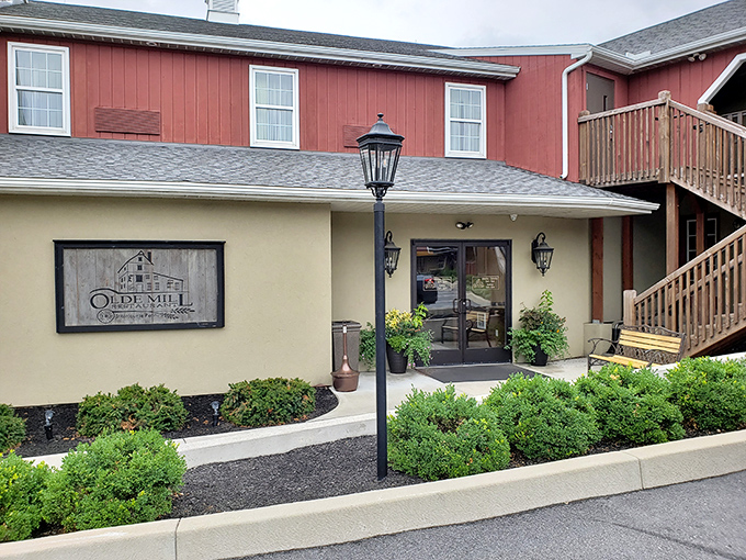 Olde Mill Restaurant sits nestled among red barns, offering authentic Pennsylvania Dutch cooking in the heart of Amish country.