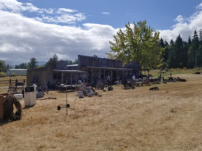 Rustic buildings and scattered displays create a charming outdoor market perfect for browsing old-fashioned finds.