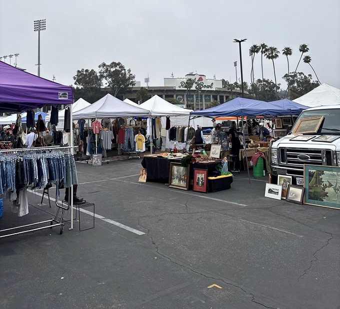 Rose Bowl magic! Pasadena's famous flea market unfolds beneath palm trees and mountain views.