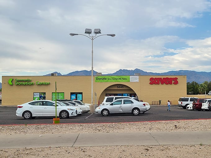 Savers against the Tucson sky &ndash; a desert oasis for the bargain-minded shopper with mountains as a backdrop.