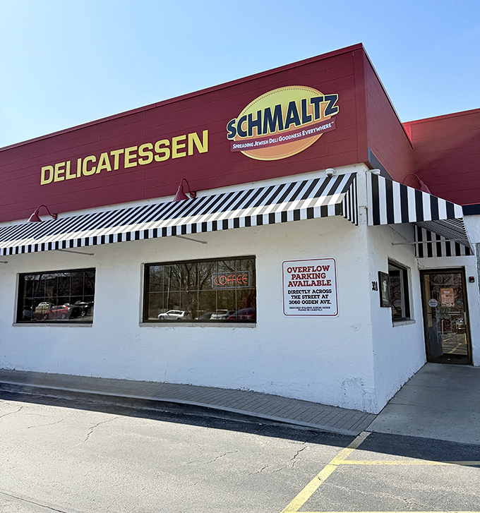 Schmaltz's bold red signage announces serious deli business in a sea of suburban sameness.