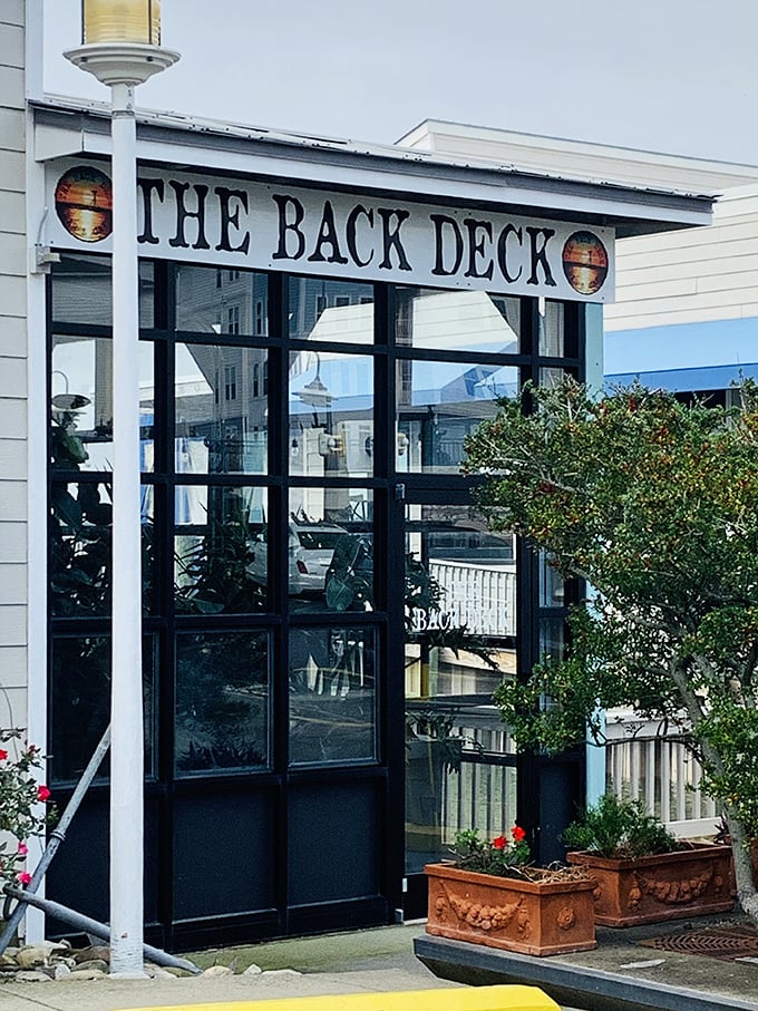 The Back Deck's entrance says it all &ndash; no fuss, no muss, just seriously good seafood waiting behind those doors.