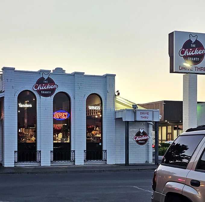 The Chicken Shanty's clean white building stands ready to serve. That drive-thru window is basically a portal to happiness.