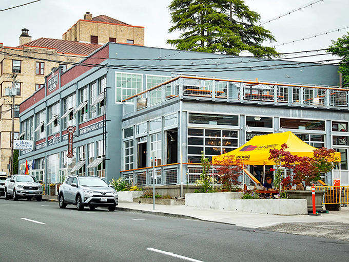Modern architecture blends beautifully with Astoria's historic charm, creating a vibrant streetscape perfect for leisurely afternoon strolls.