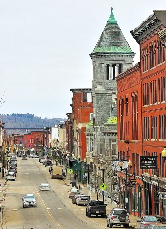 Stone towers rise above downtown streets, adding a touch of fairy-tale grandeur to everyday Maine life.